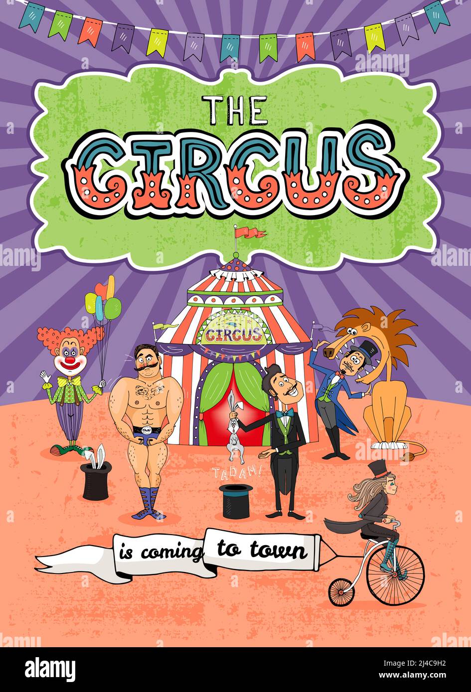 Vector circus poster design with various performers in front of the Big ...