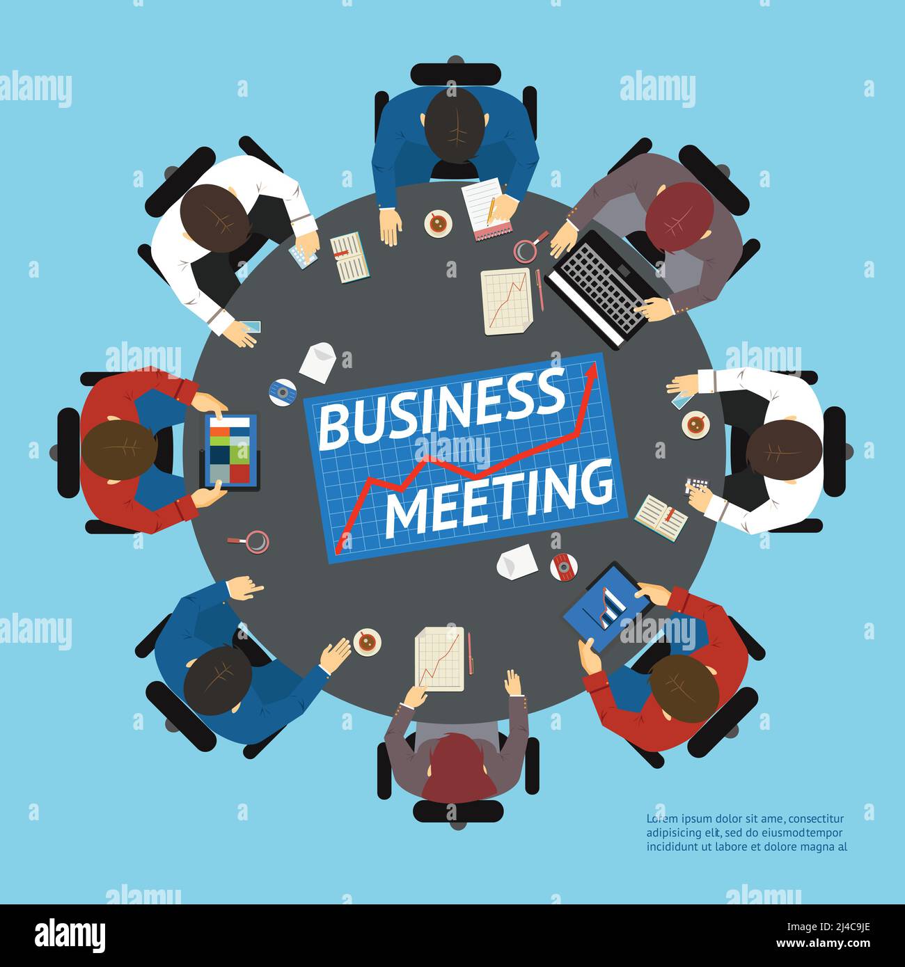 Vector illustration with an overhead view of business people at a round ...