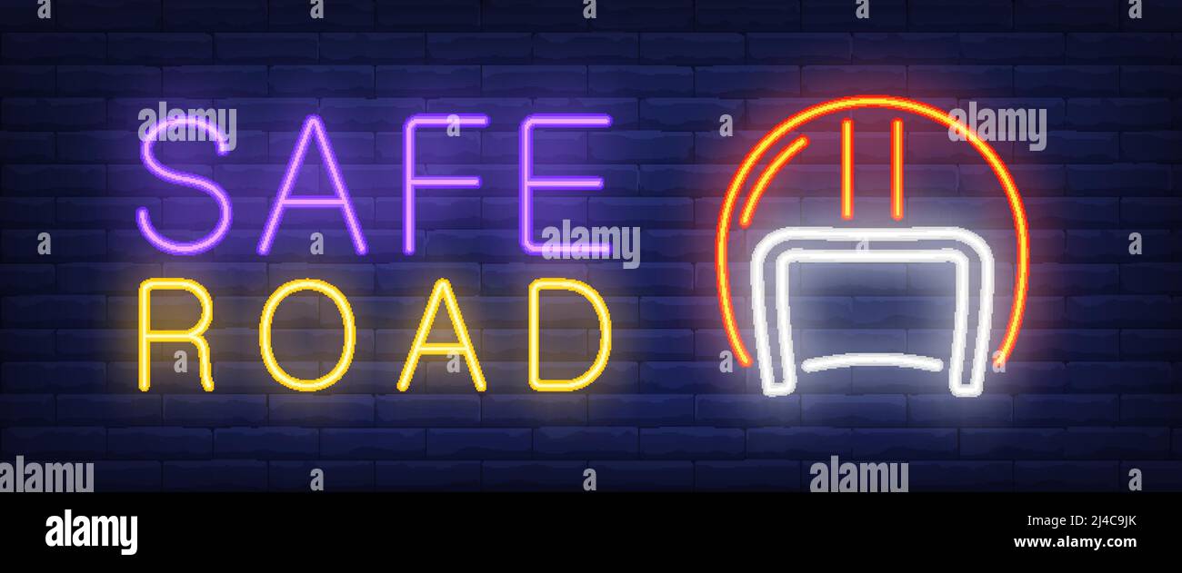 Safe road neon text with helmet. Biker shop and offer concept ...