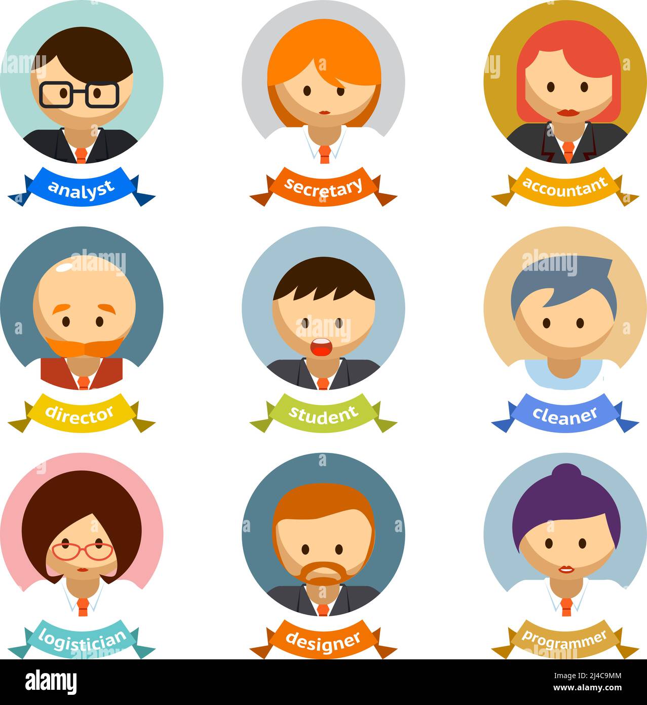 Variety Office Cartoon Character Avatars with Ribbons Isolated on White ...