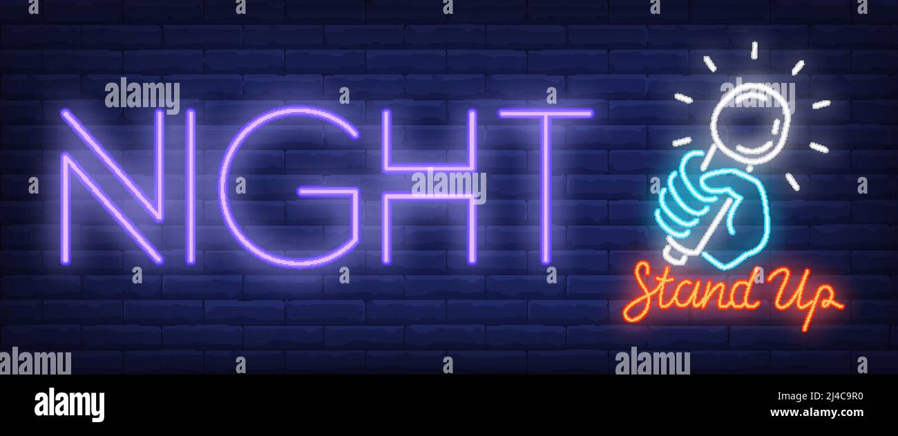 Standup night neon sign. Hand holding mike and lettering on brick ...
