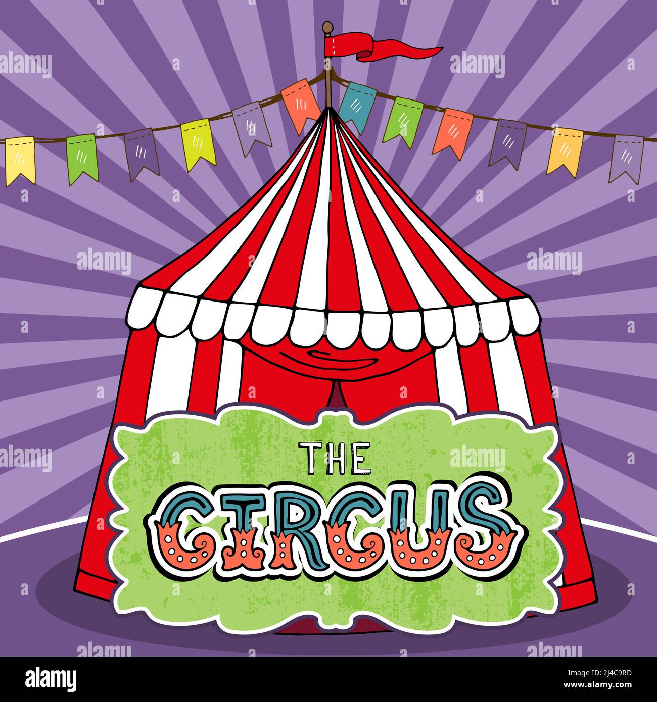 Circus tent poster template. Red-white awning on the purple background ...
