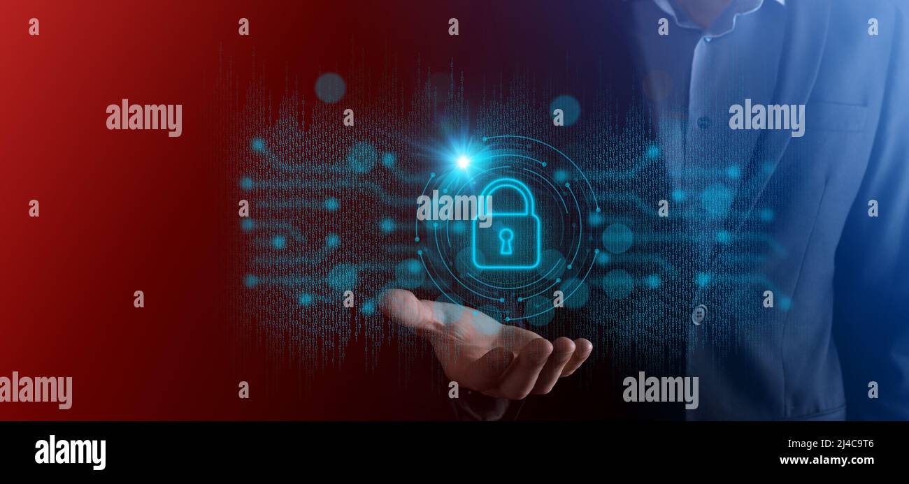 Cyber security network. Padlock icon and internet technology networking. Businessman protecting ...