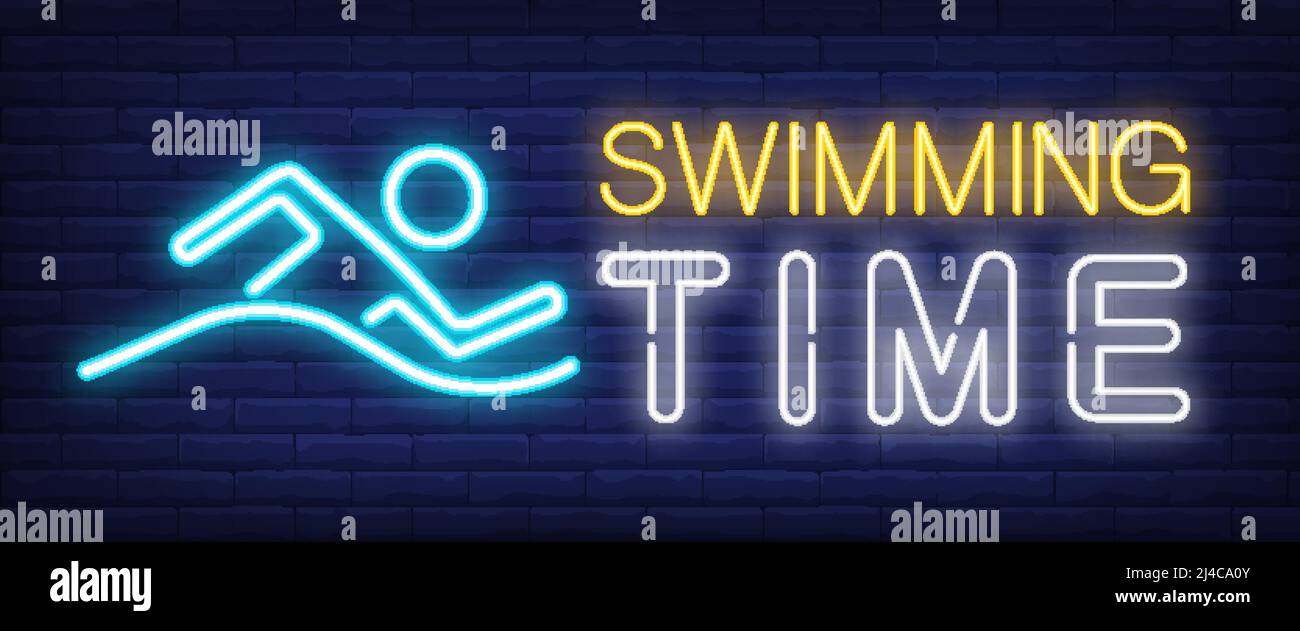 Swimming time neon sign. Glowing bar lettering with swimming man on ...