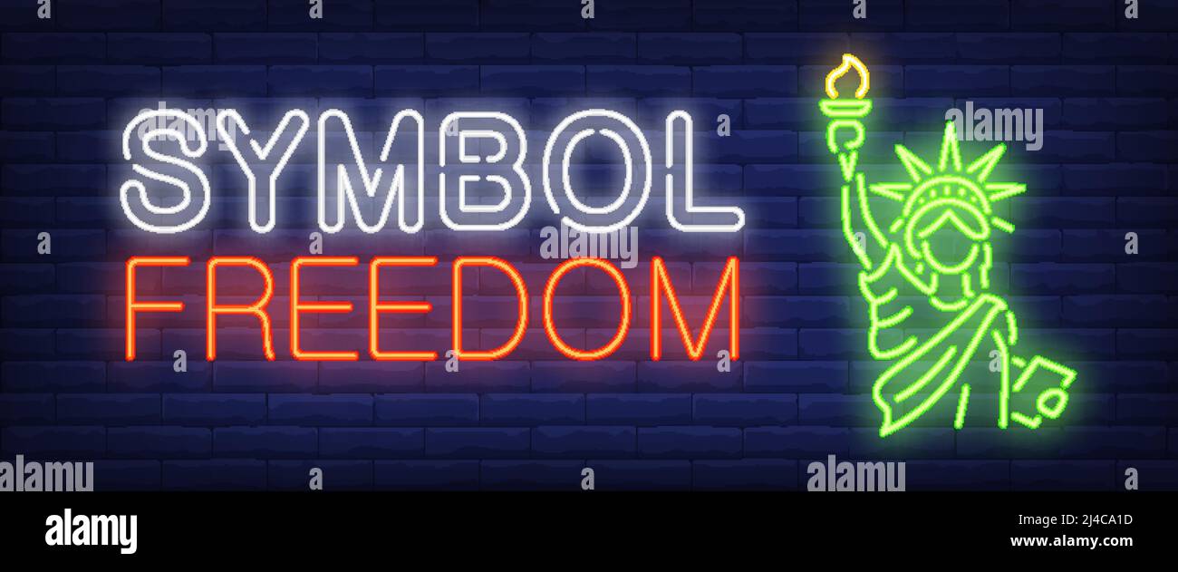Symbol, freedom neon text with statue of liberty. Independence Day ...