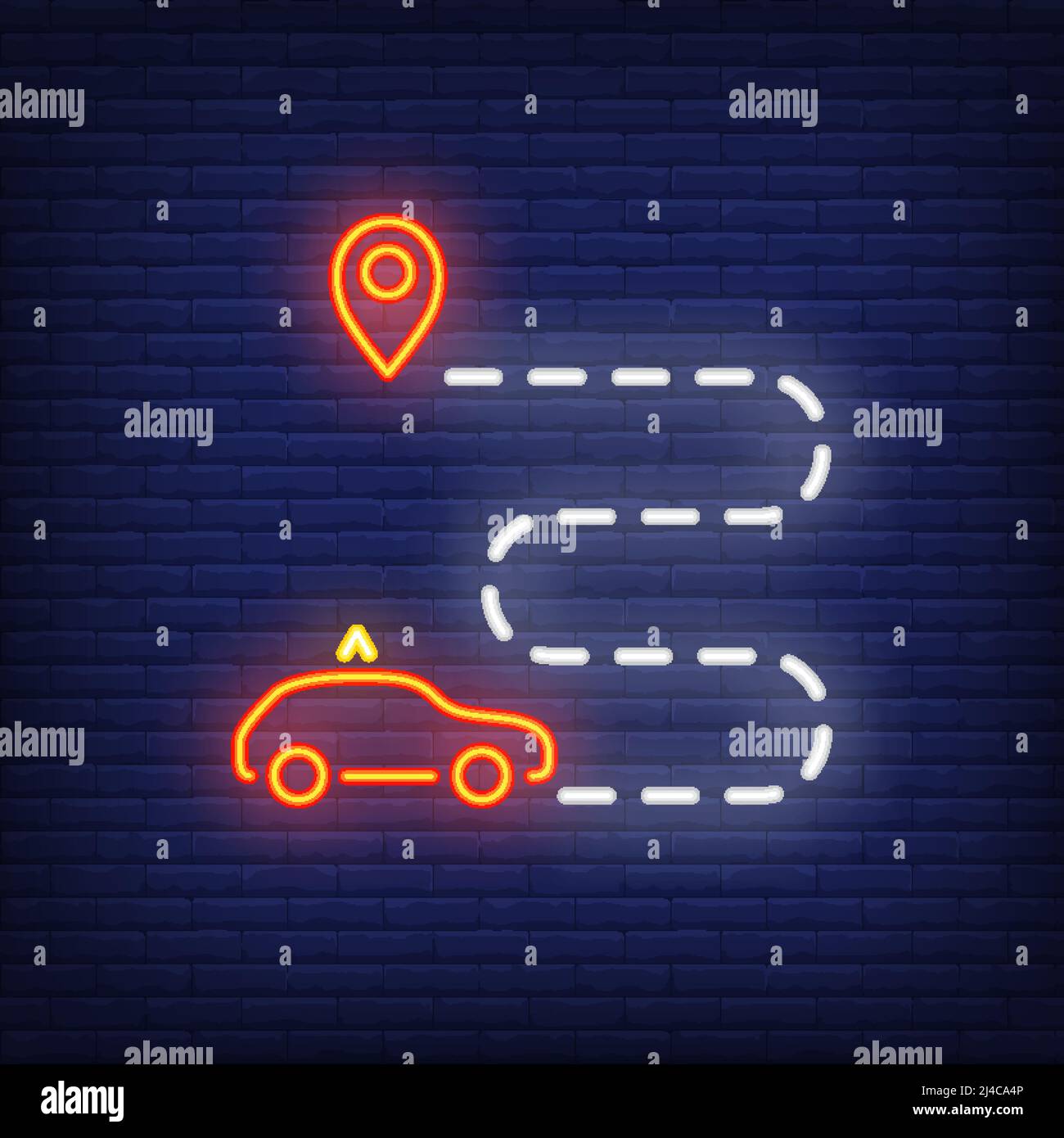 Taxi route neon sign. Red cab and map pointer with curve dotted line ...