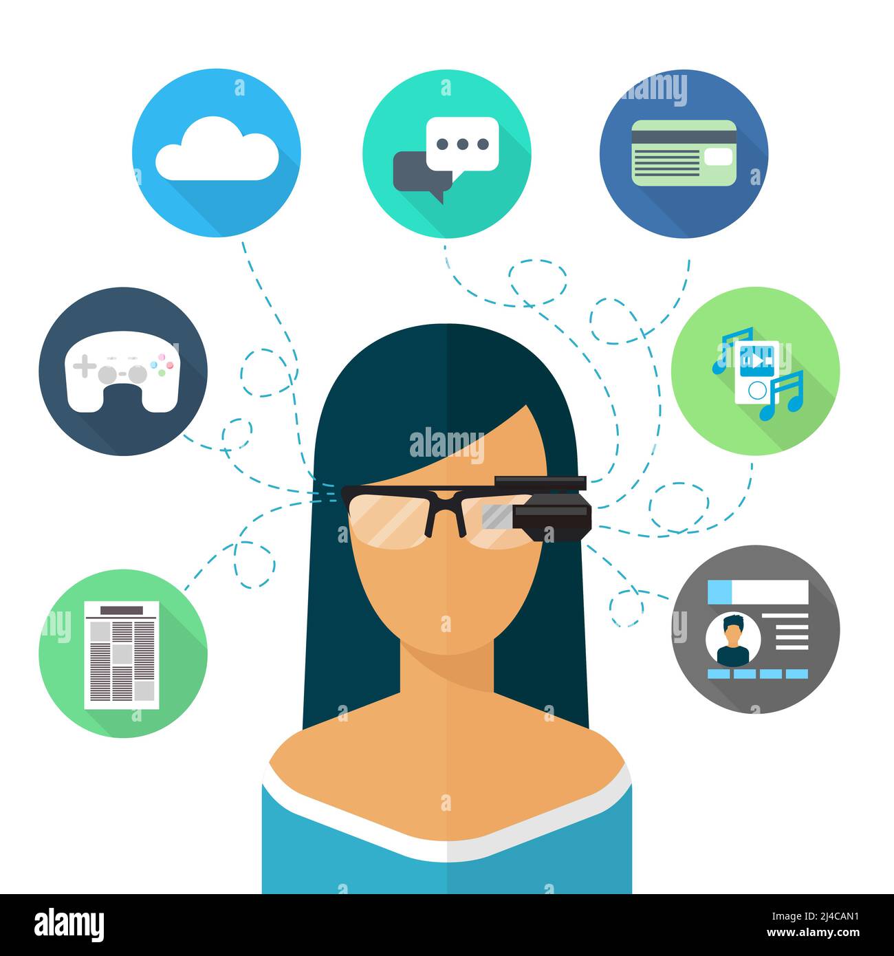 Woman wearing glasses augmented reality. Flat icon. Virtual internet ...