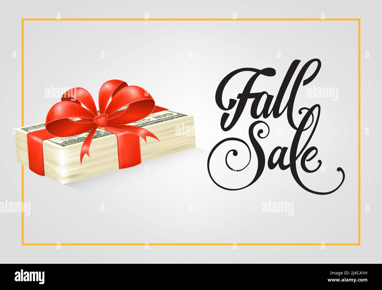 Fall sale lettering with stack of dollar bills and ribbon. Autumn offer ...