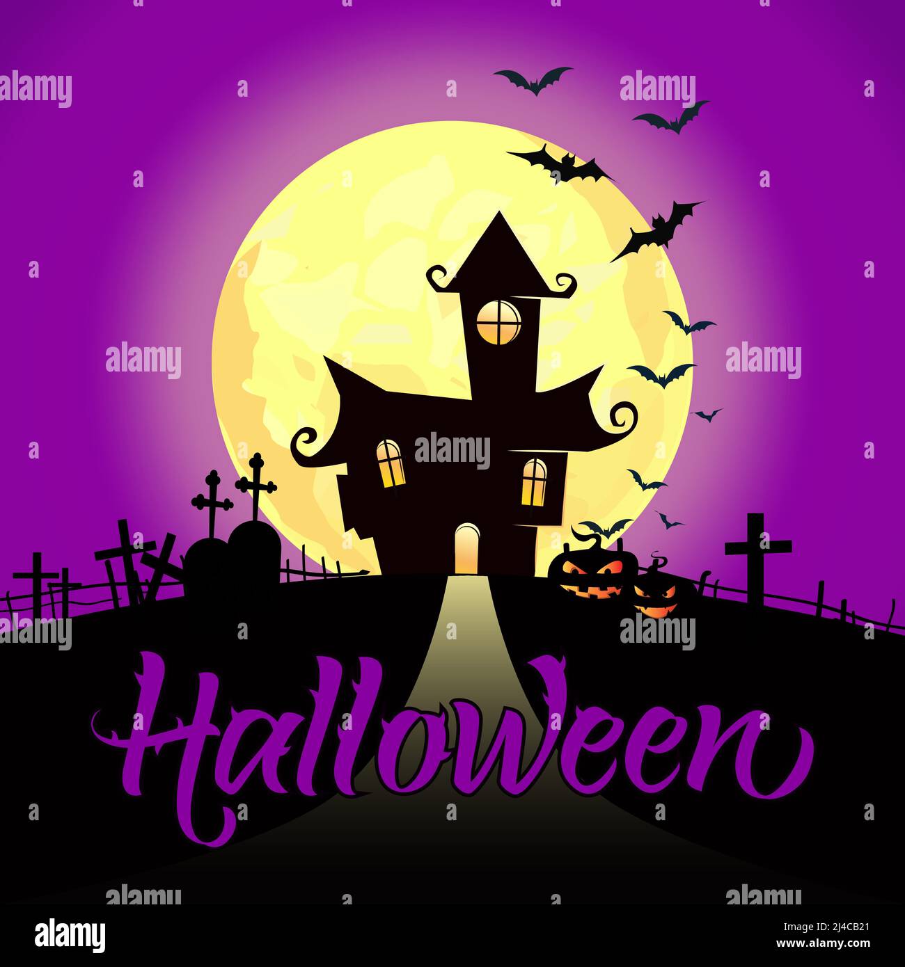 Halloween lettering with full moon, castle, pumpkins and bats ...