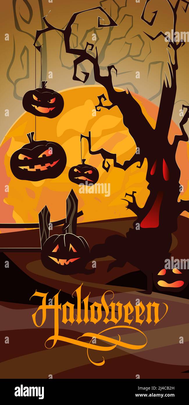 Halloween lettering with orange moon, scary tree and pumpkins ...