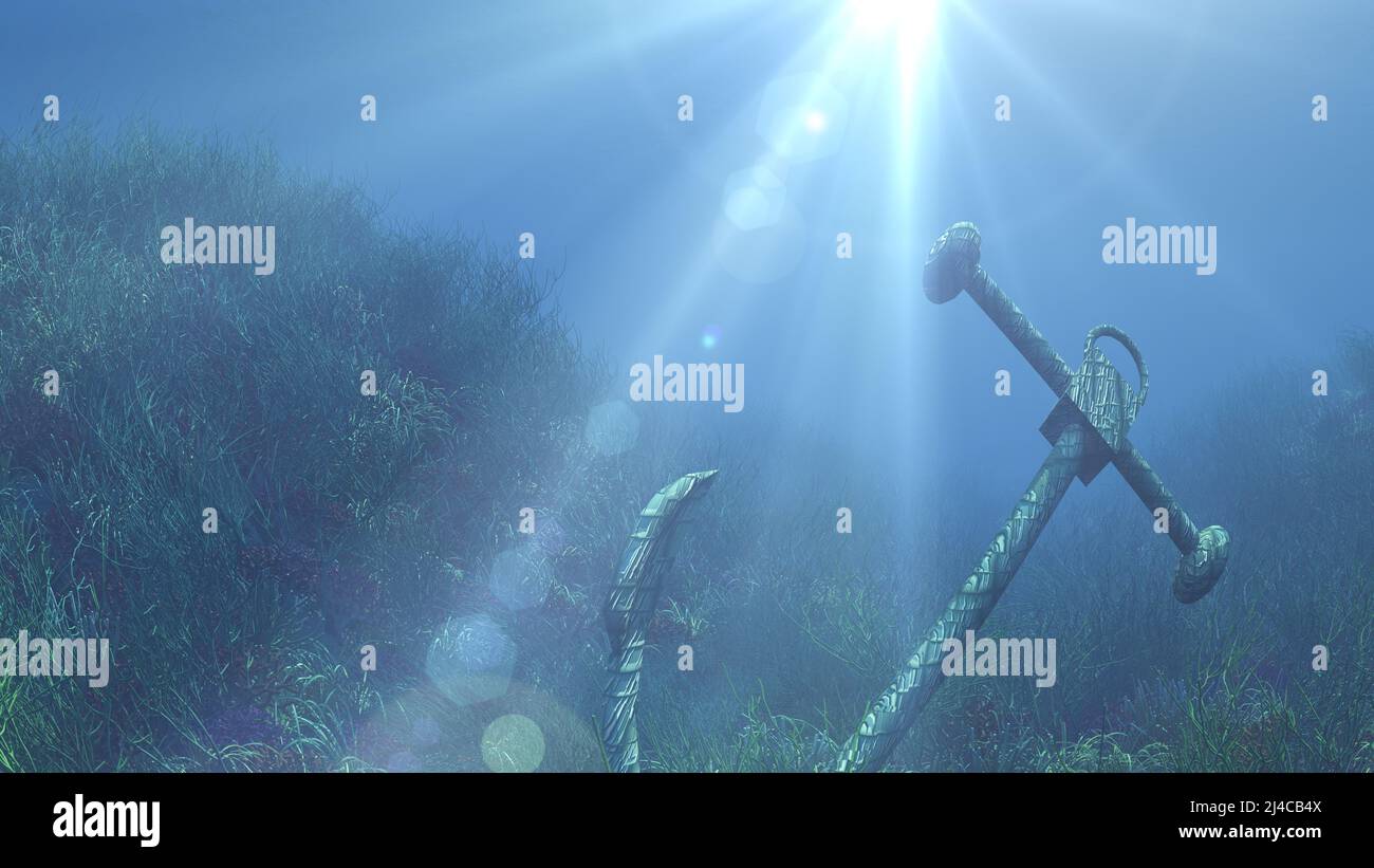 anchor under water sun ray illustration 3d rendering Stock Photo - Alamy