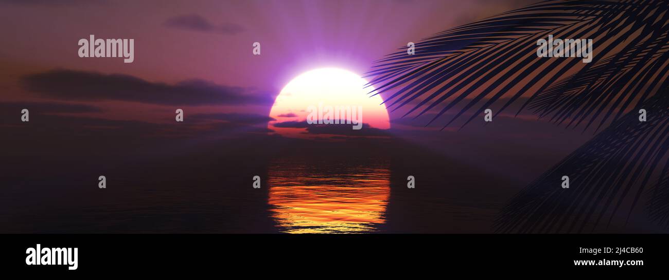 sunset sea palm landscape illustration, 3d render Stock Photo - Alamy