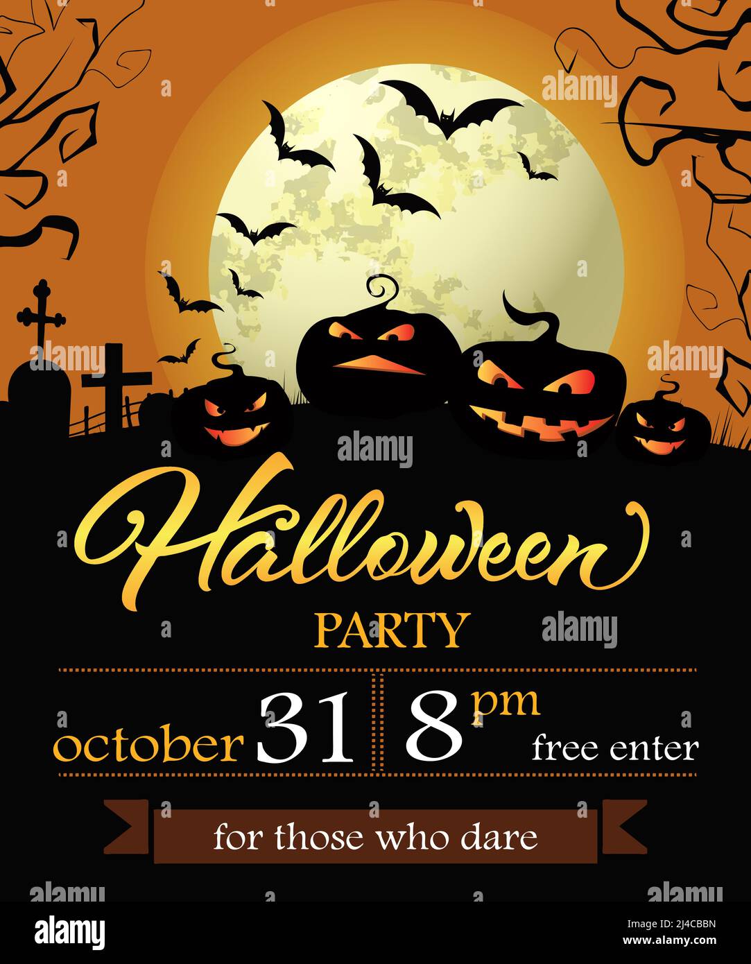 Halloween Party lettering with date, pumpkins and moon. Invitation or ...