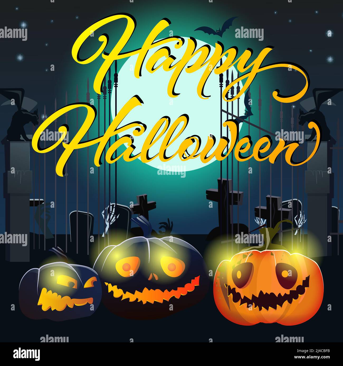 Happy Halloween lettering with pumpkins and graveyard. Invitation or ...