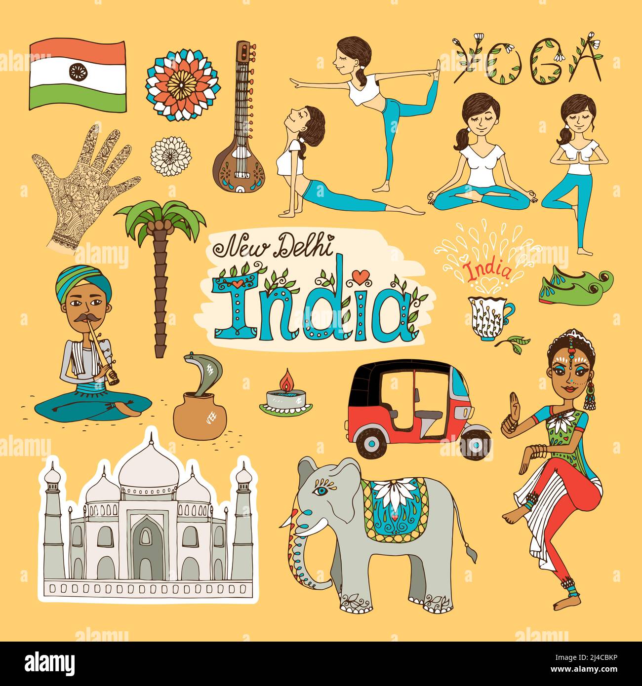 Collection of hand-drawn India Landmarks with the flag dancer yoga ...