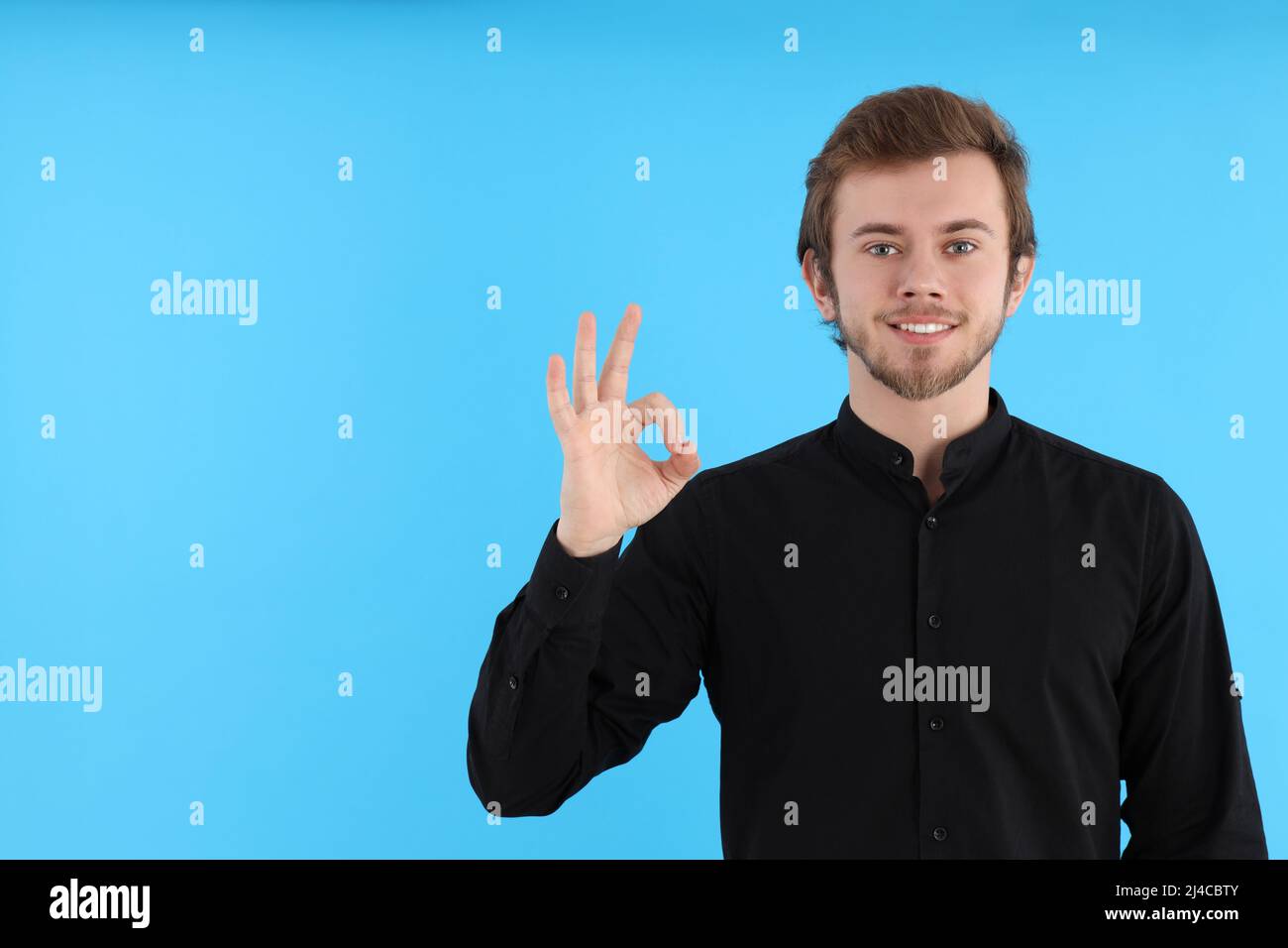 Concept of people with young man, space for text Stock Photo - Alamy