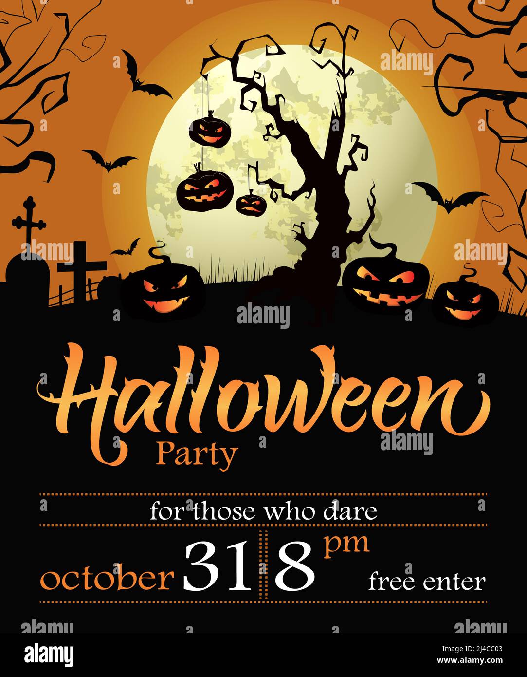 Halloween Party lettering with date, tree, pumpkins and moon ...