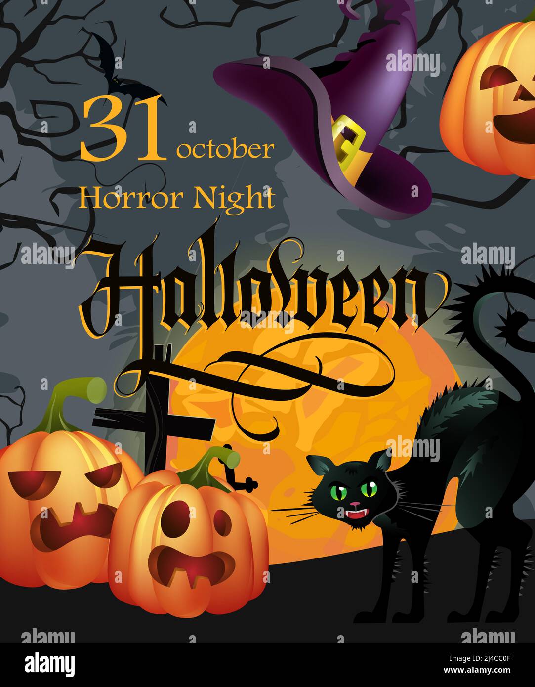 Halloween, October thirty first lettering with pumpkins and cat ...