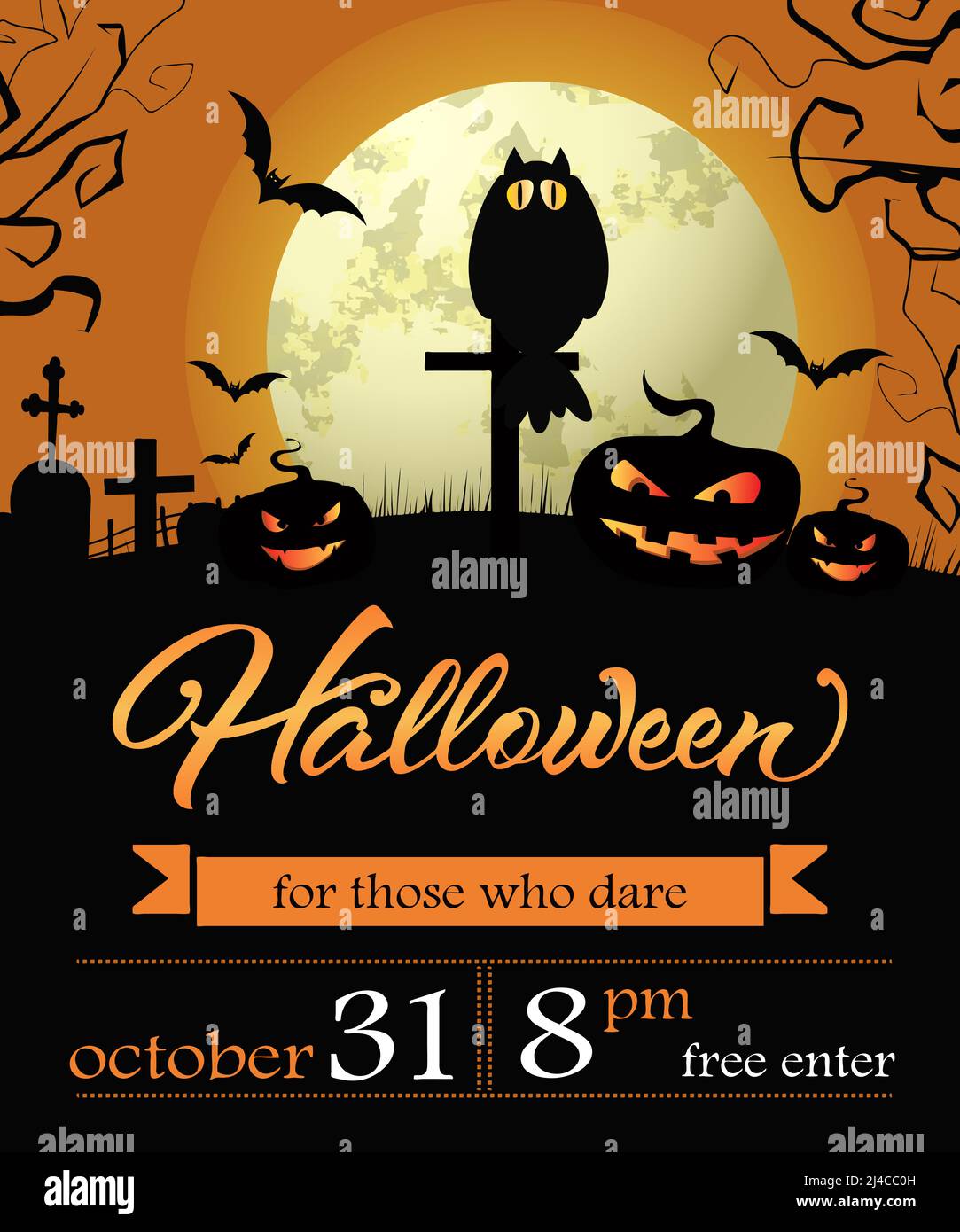 Halloween, October thirty first lettering with pumpkins and moon ...