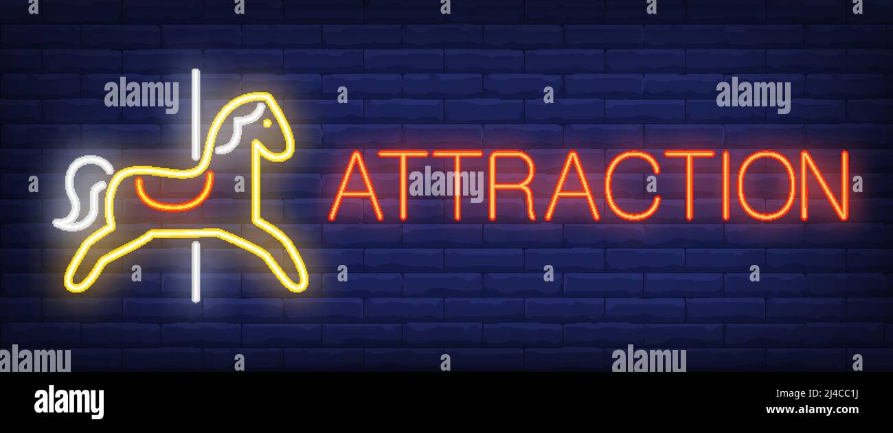 Attraction neon text with carousel horse. Amusement park and ...