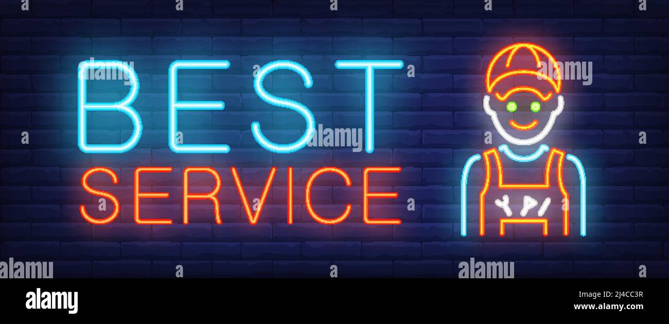 Best service sign in neon style. Blue and red lettering with smiling ...