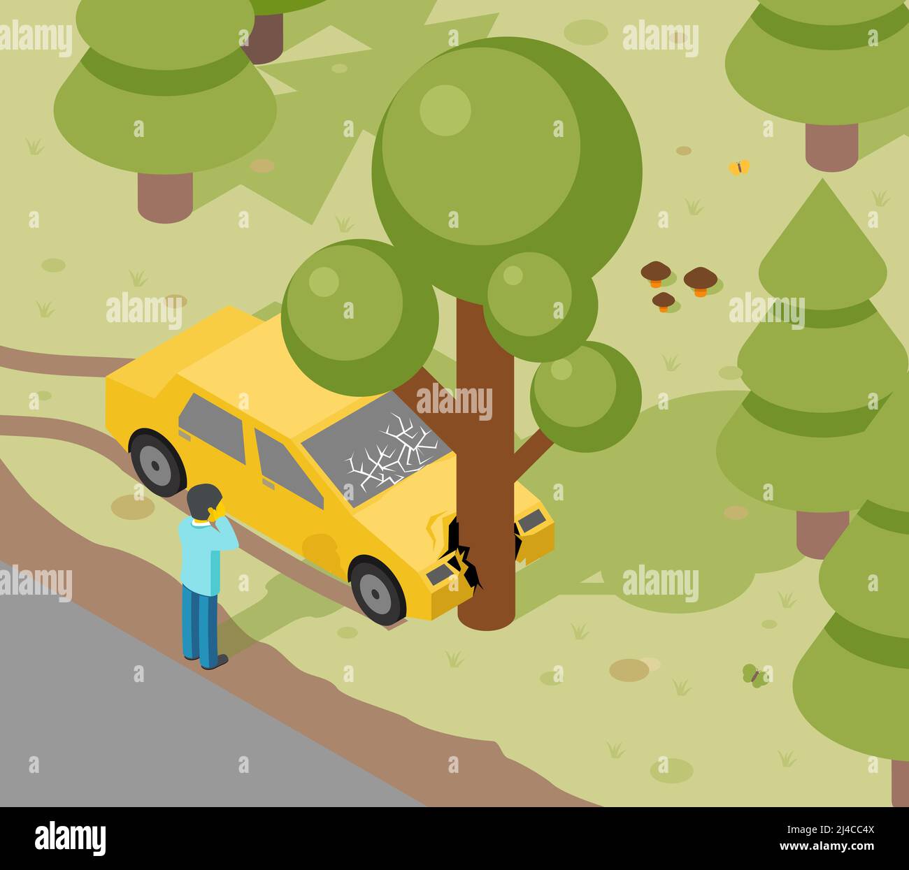 Car tree crash. Accident auto isometric danger, risk and transport ...