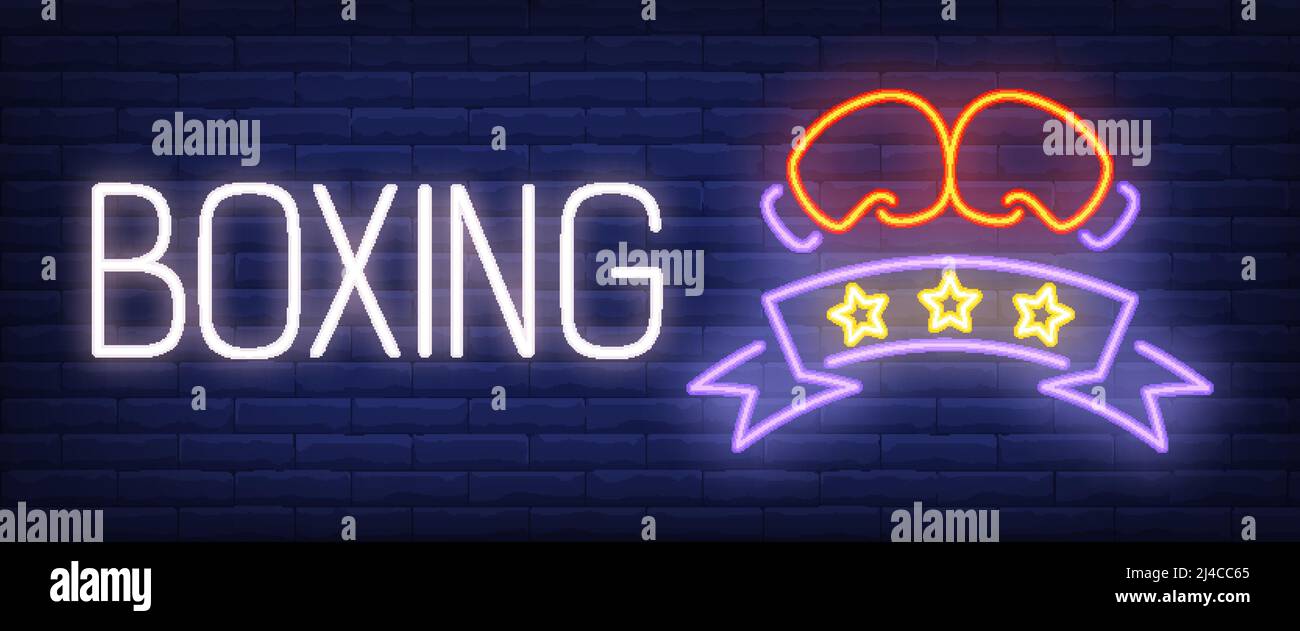 Boxing neon text with gloves and stars on ribbon. Boxing club and ...