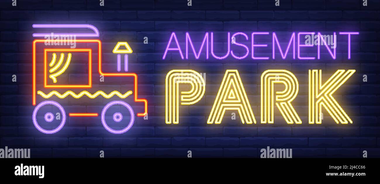 Amusement park neon text with toy car. Leisure and advertisement design ...