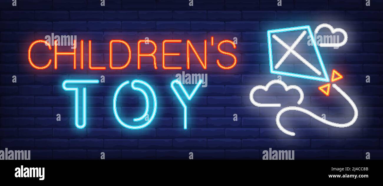 Children toy neon text with flying kite. Childhood and advertisement ...