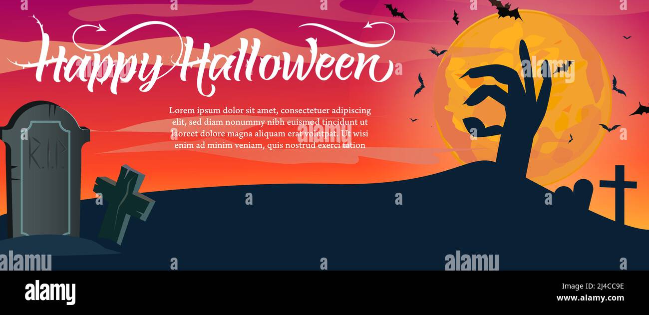 Happy Halloween lettering, sample text and cemetery. Invitation or ...