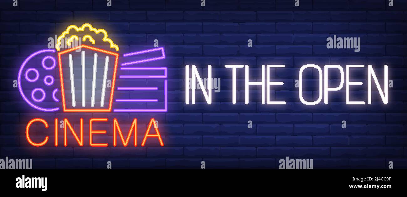 Cinema in the open neon sign. Popcorn box, film reel, clapper on brick ...
