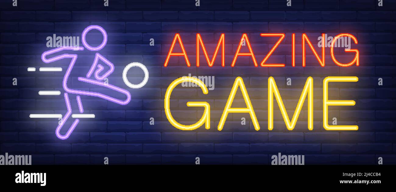 Amazing game neon sign. Football player kicking ball on brick wall ...