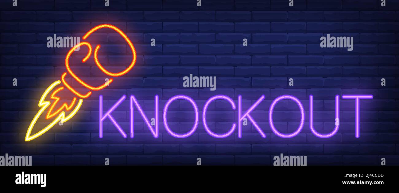 Knockout neon text with boxing glove rocket. Boxing club and ...