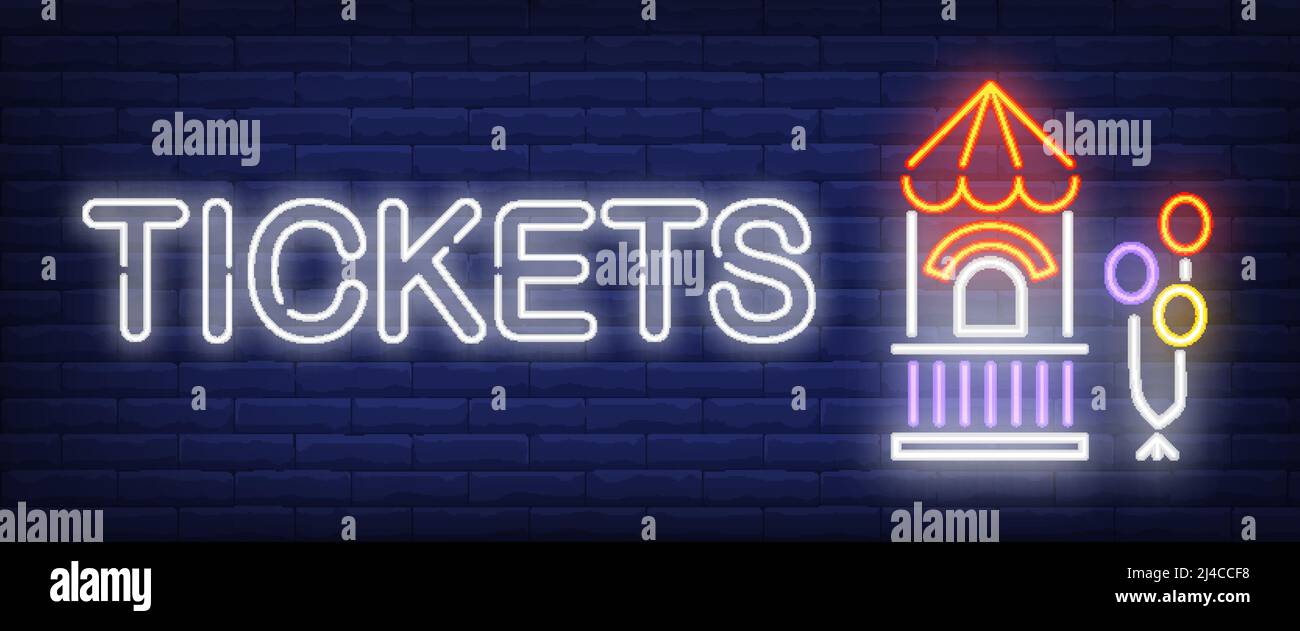 Tickets neon text with booth. Amusement park and advertisement design ...