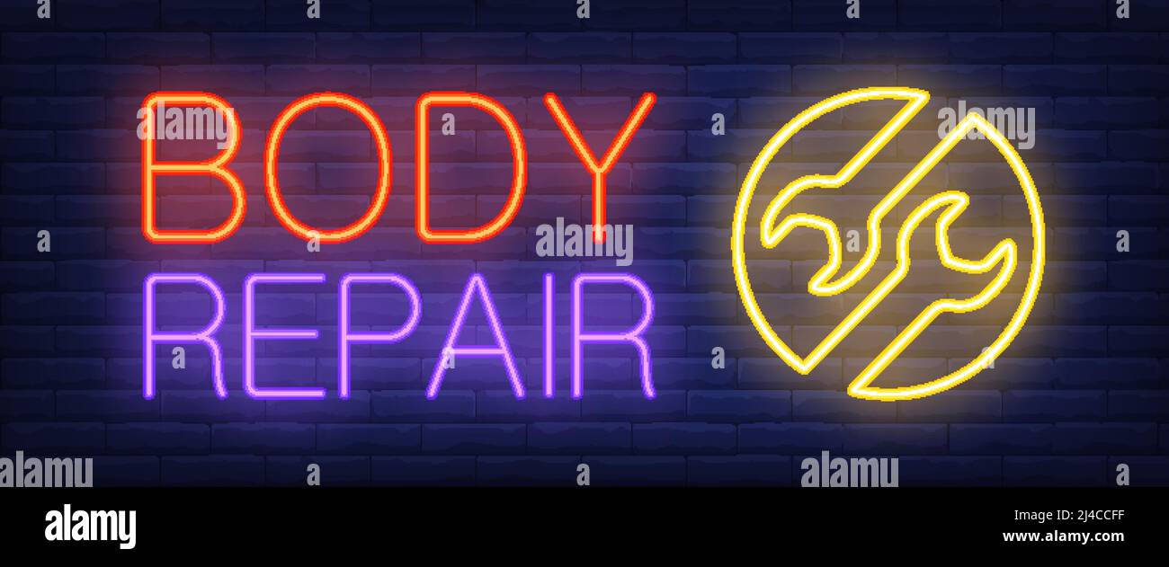 Body Repair sign in neon style. Red and purple lettering and spanners ...