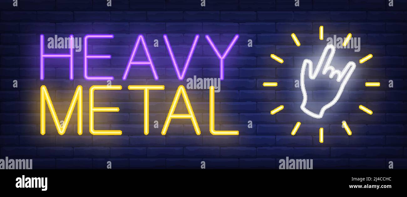 Heavy metal neon text with hand gesture. Music and advertisement design ...