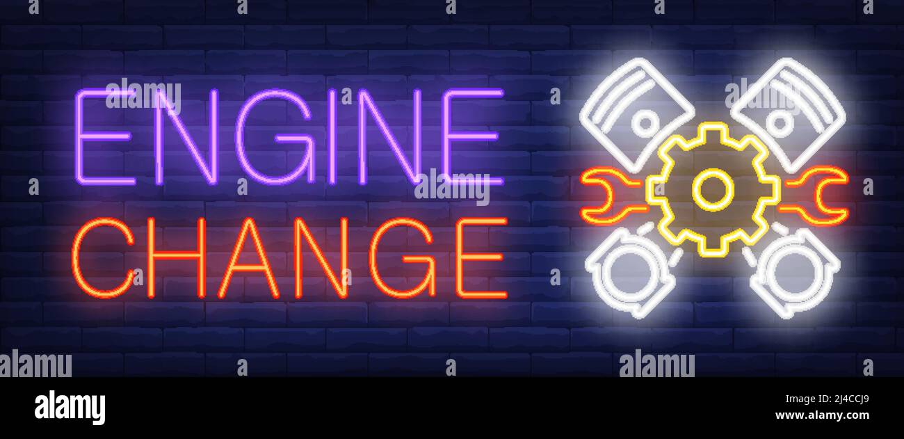 Engine Change sign in neon style. Purple and red lettering and gear ...