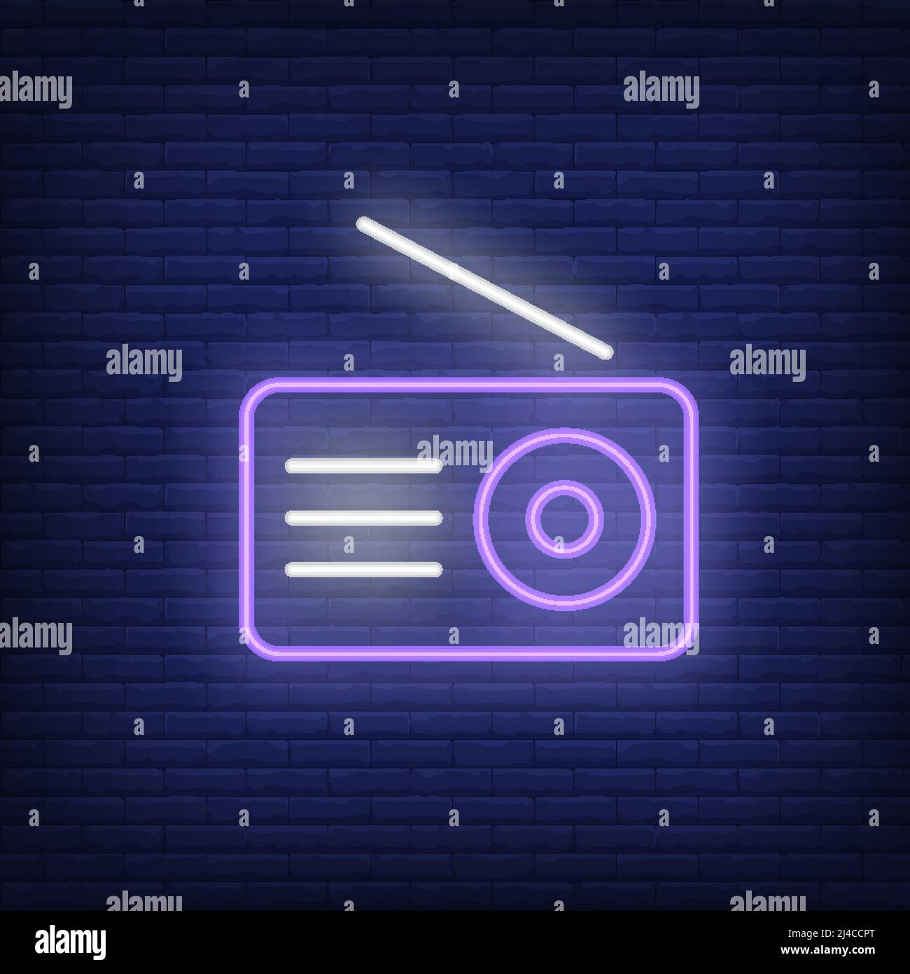 Radio set neon icon. Receiver with antenna on brick wall background ...