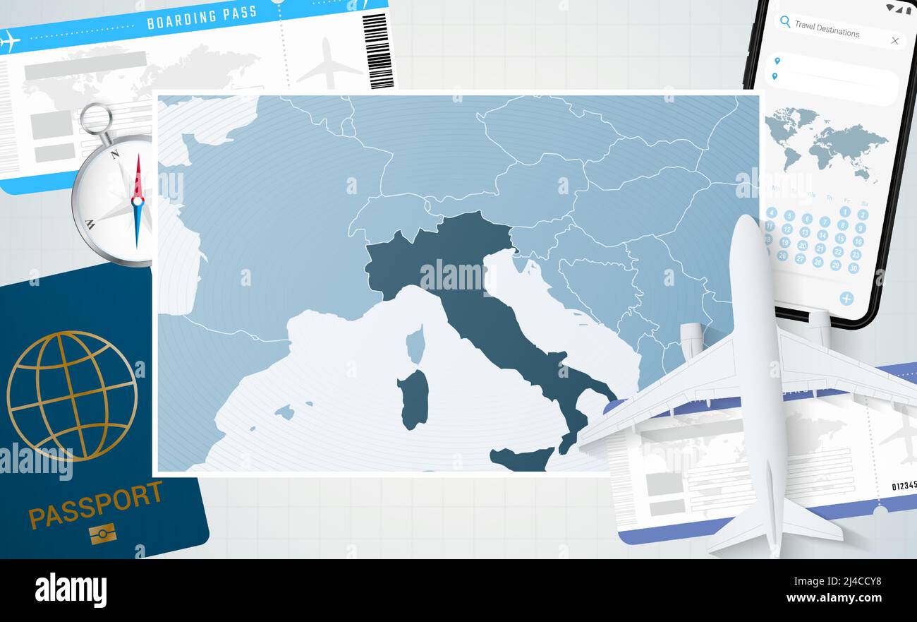 Journey to Italy, illustration with a map of Italy. Background with ...