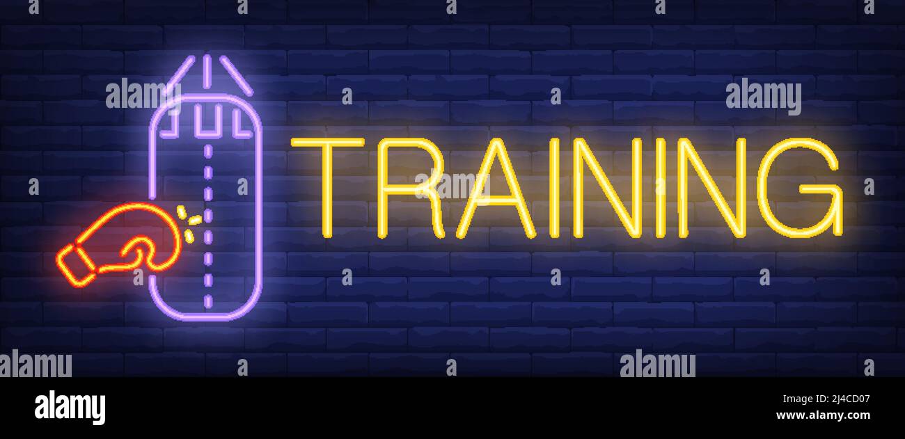 Training neon text with boxing glove and punching bag. Boxing club and ...