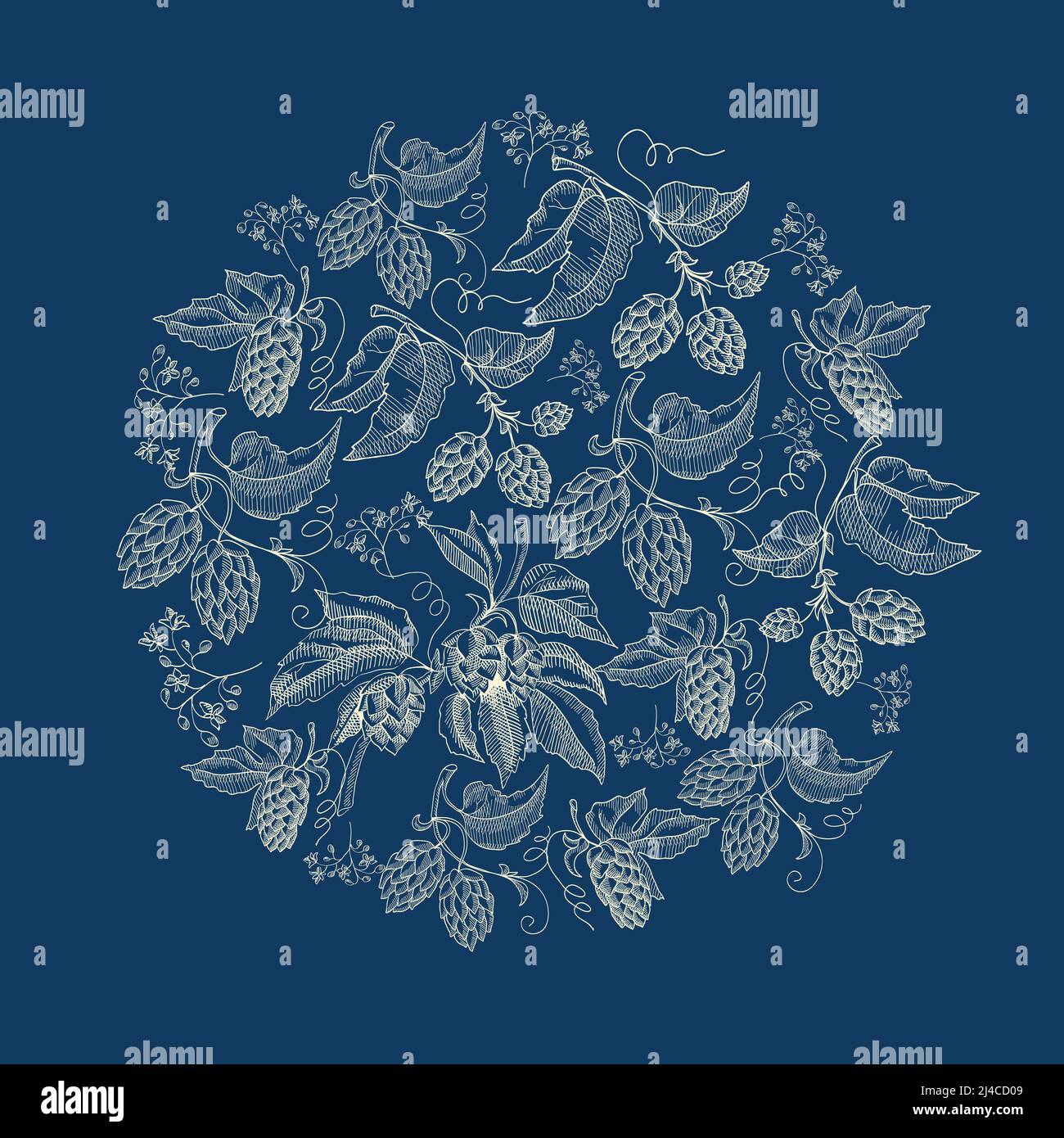 Abstract natural round wreath blue background with beer herbal hop ...