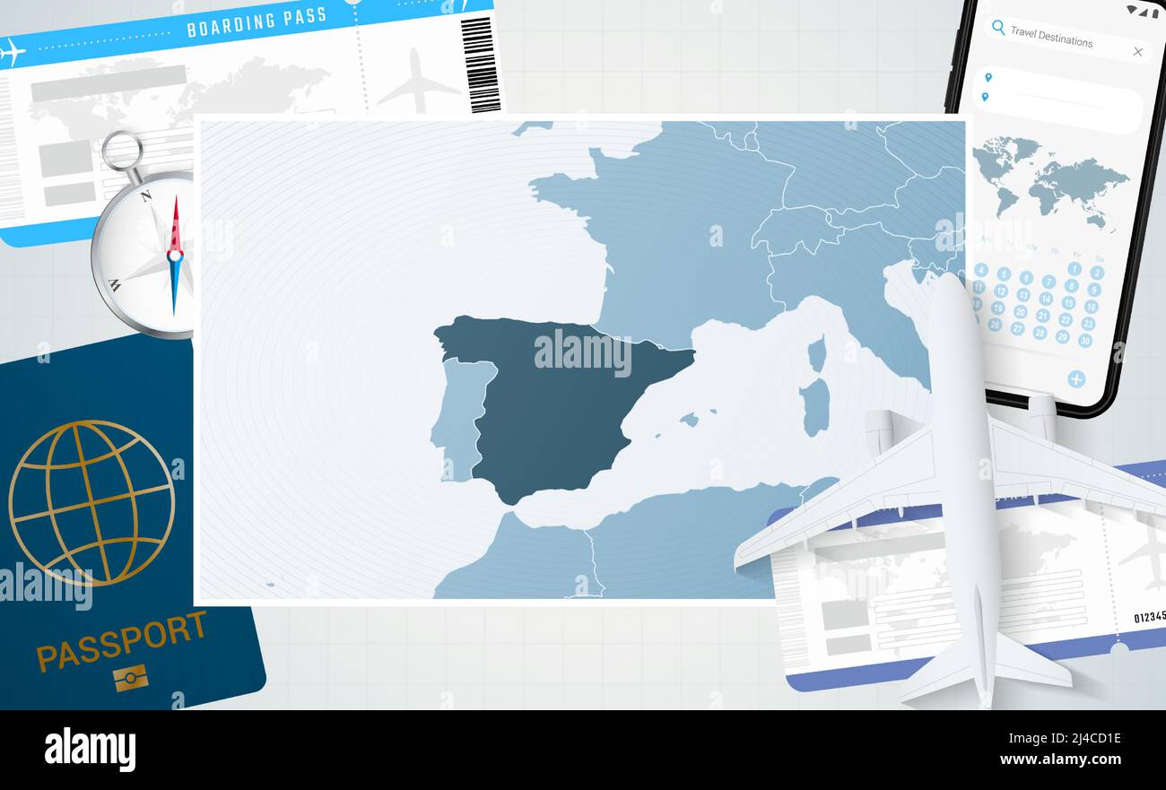 Journey to Spain, illustration with a map of Spain. Background with ...
