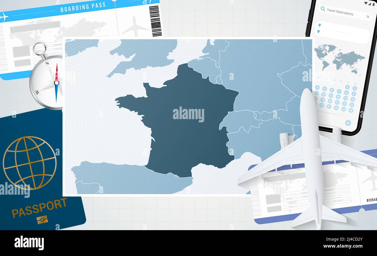 Journey to France, illustration with a map of France. Background with ...