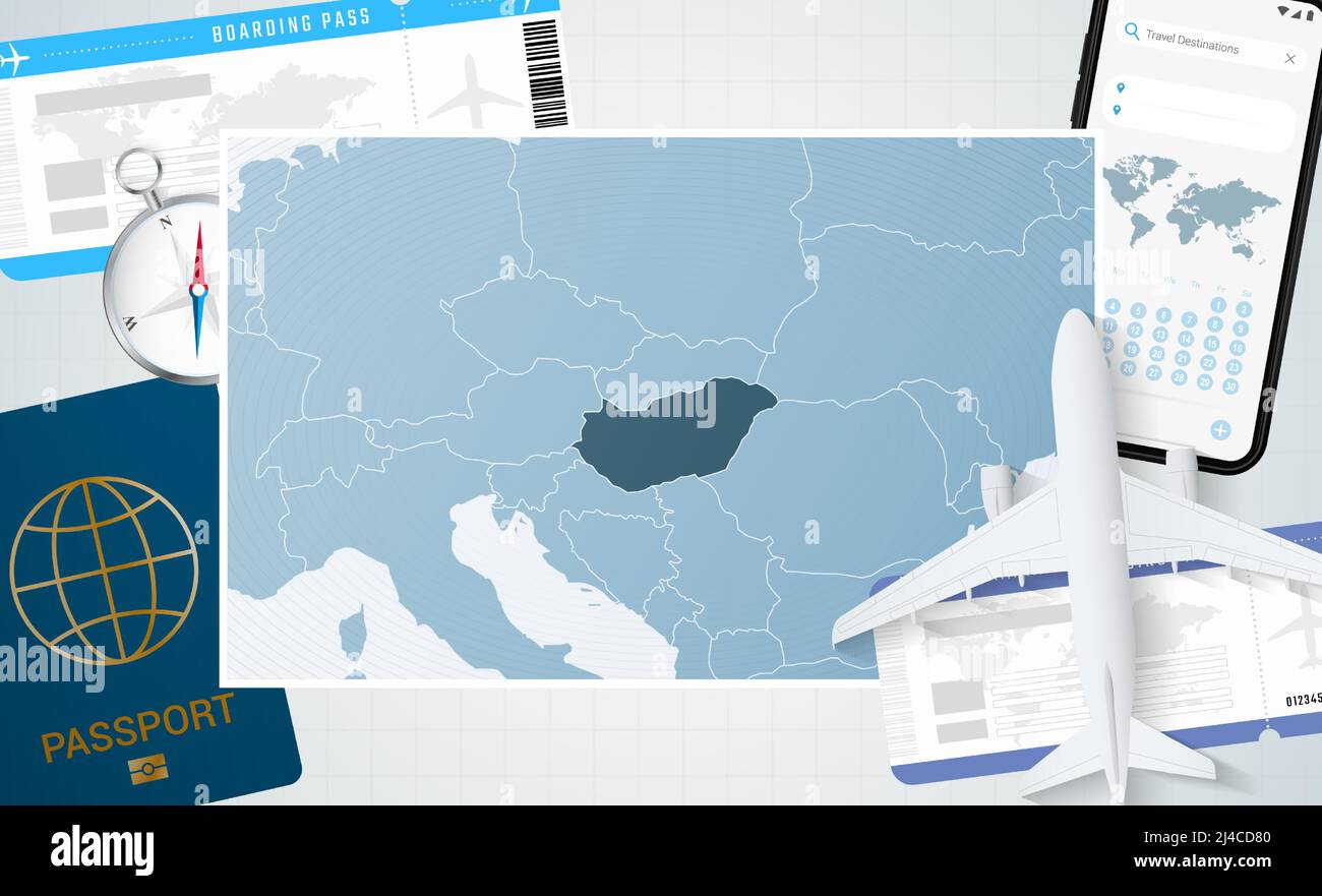 Journey to Hungary, illustration with a map of Hungary. Background with ...