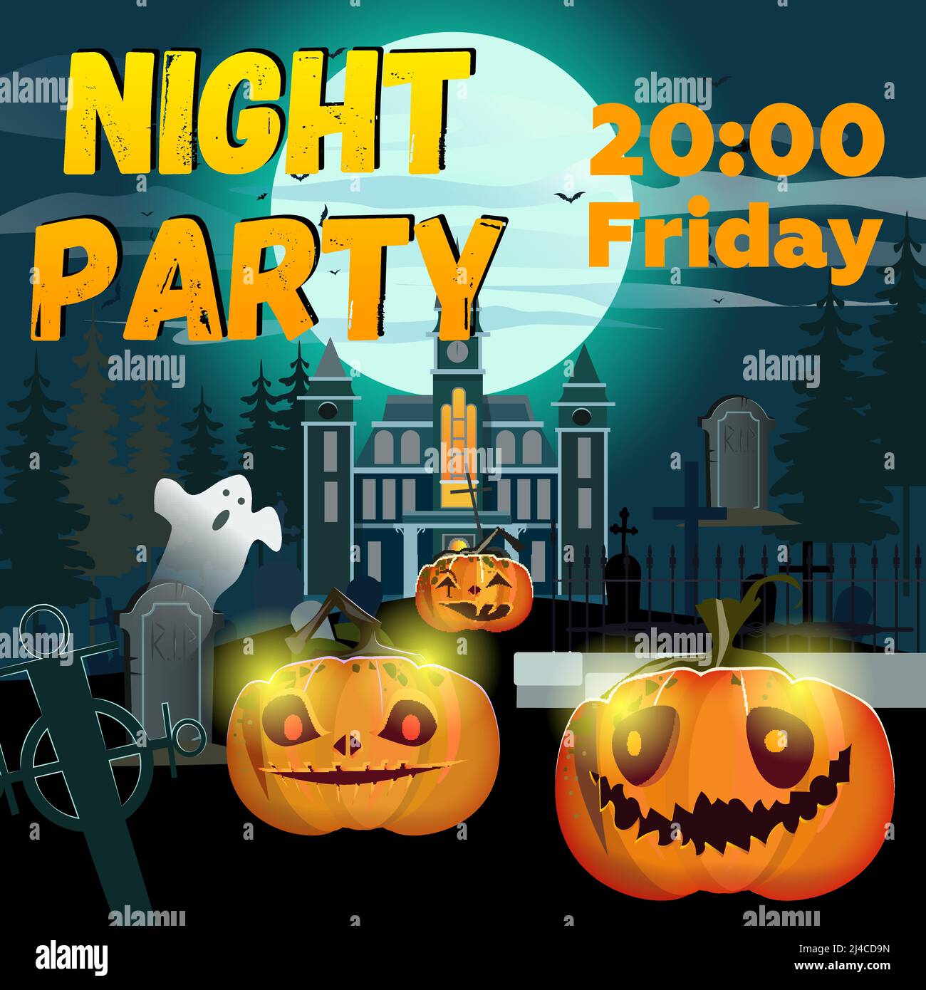 Night Party lettering with pumpkins, castle and cemetery. Invitation or ...