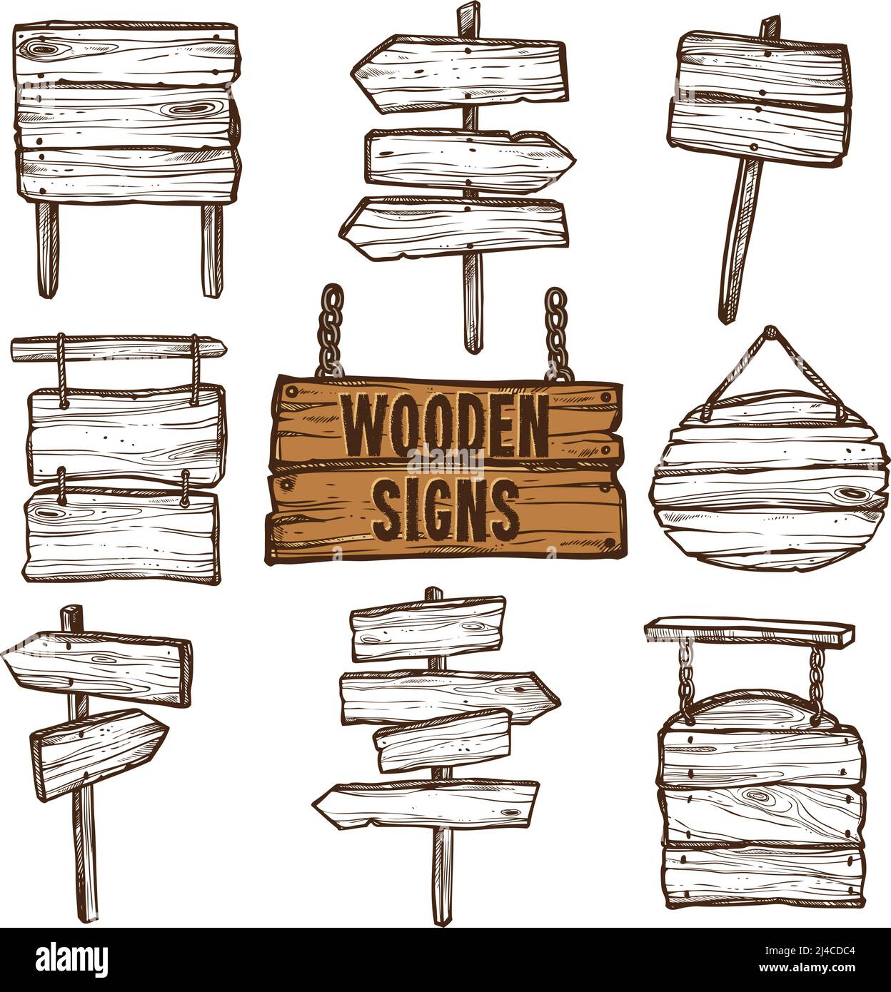 Wooden signposts and signboards on chains and ropes flat sketch icon ... Wooden signposts and signboards on chains and ropes flat sketch icon ...
