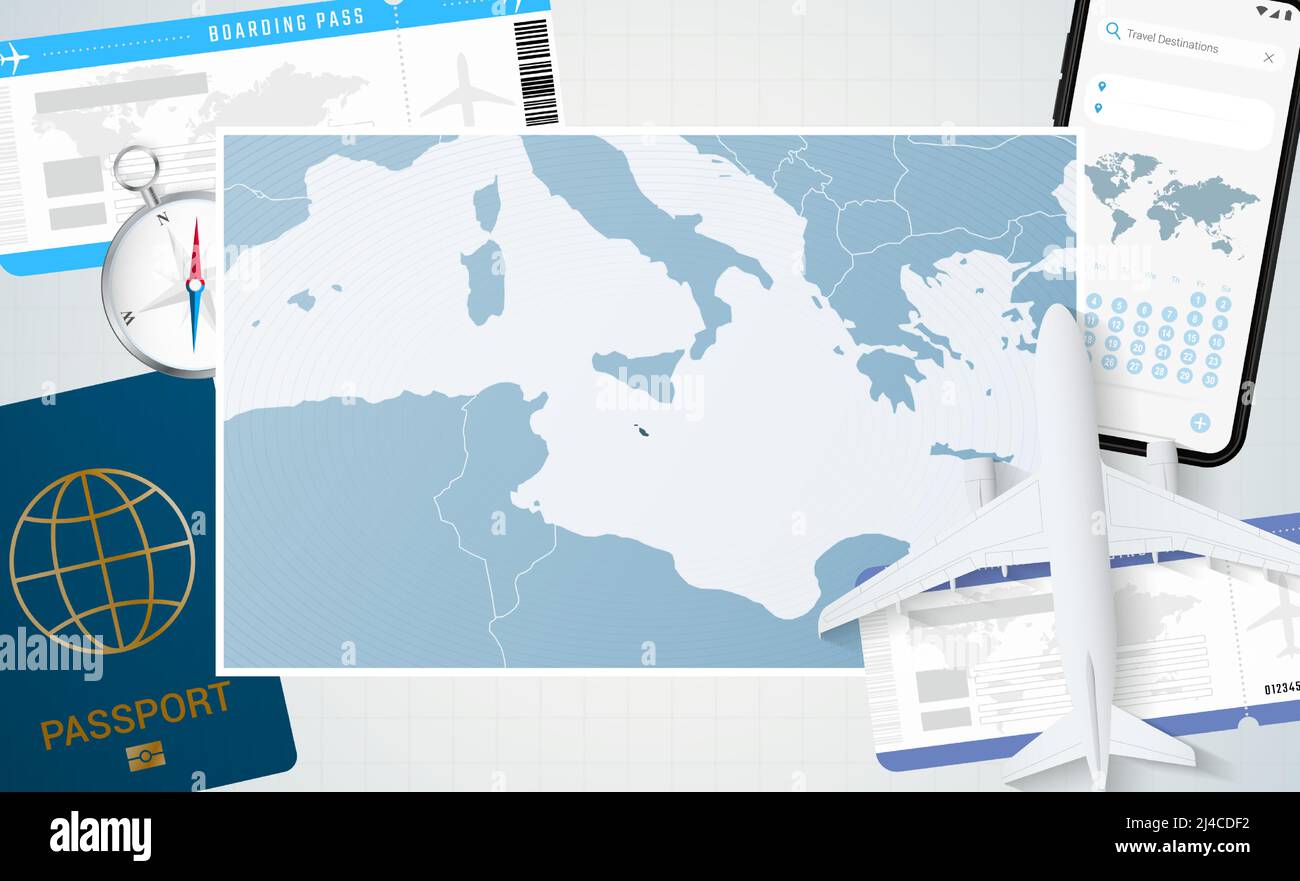 Journey to Malta, illustration with a map of Malta. Background with ...