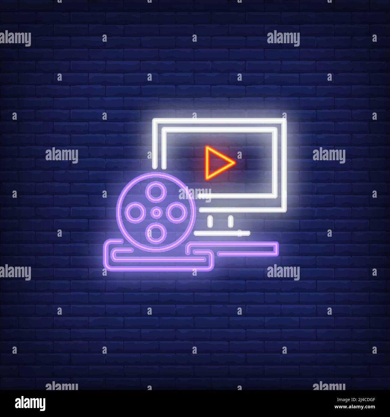 Video production neon sign. Luminous signboard with computer and film ...