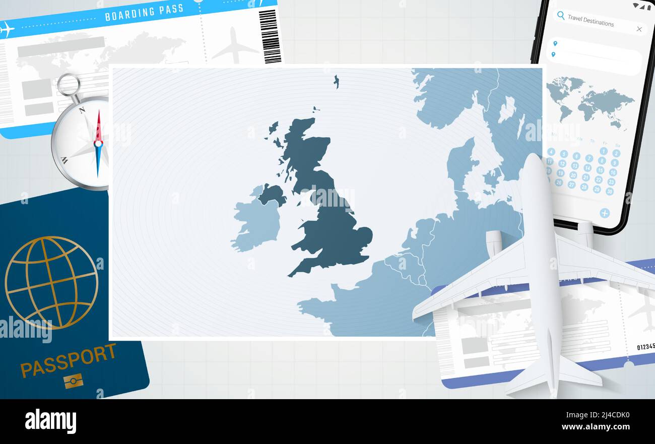 Journey to United Kingdom, illustration with a map of United Kingdom ...