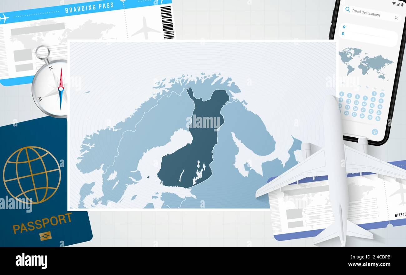 Journey to Finland, illustration with a map of Finland. Background with ...